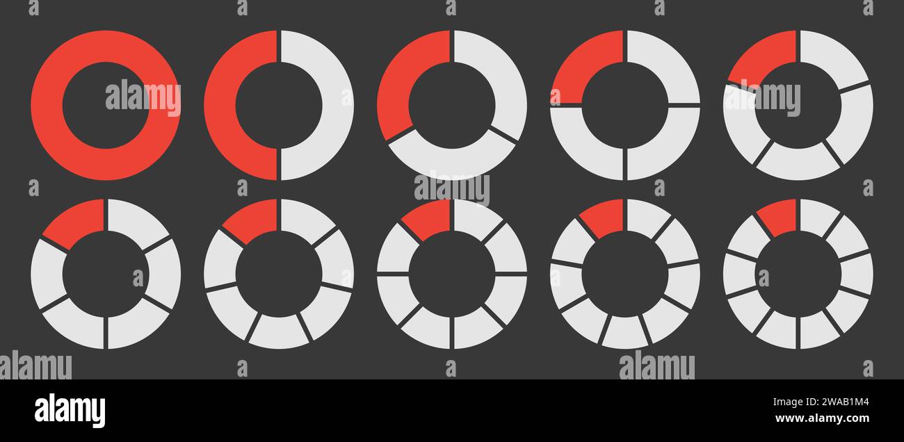 Hollow circle divided into 1-10 parts icon set. Hollow circle segment diagram in 1-10 parts ...