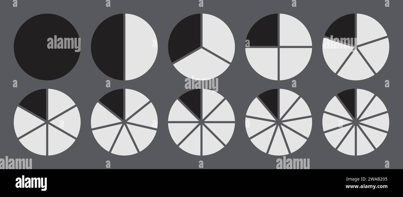Circle divided into 1-10 parts icon set. Full circle segment diagram in 1-10 parts graph icon ...