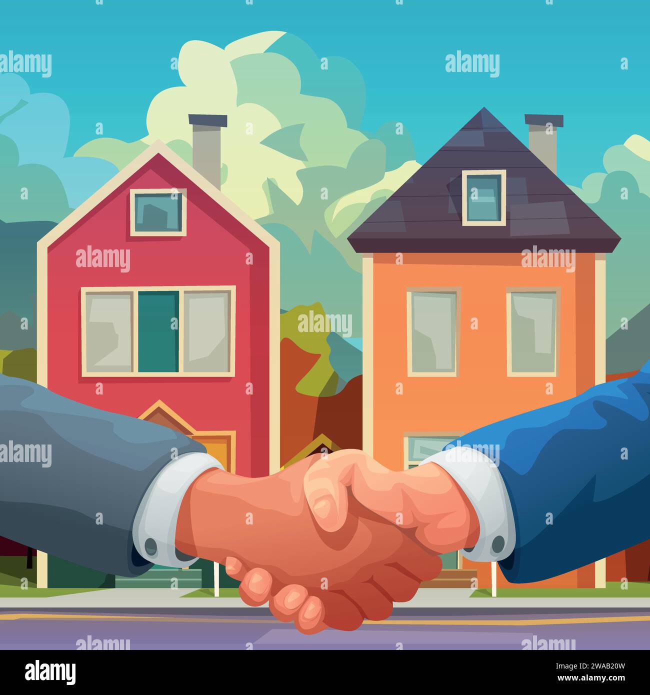 two men handshake in front of houses Stock Vector Image & Art - Alamy