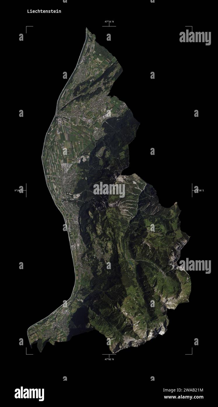 Shape of a high resolution satellite map of the Liechtenstein, with distance scale and map ...