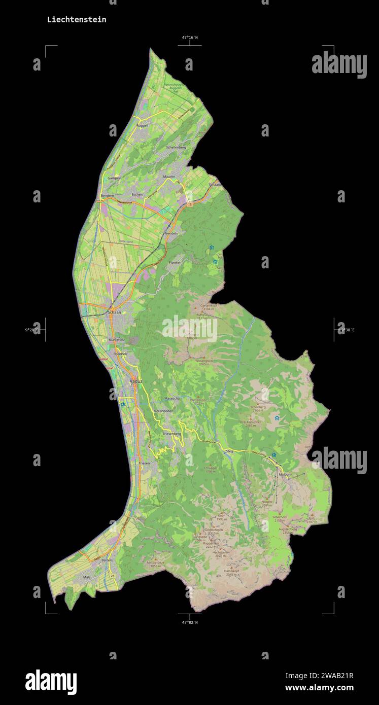 Shape of a topographic, OSM standard style map of the Liechtenstein, with distance scale and map ...
