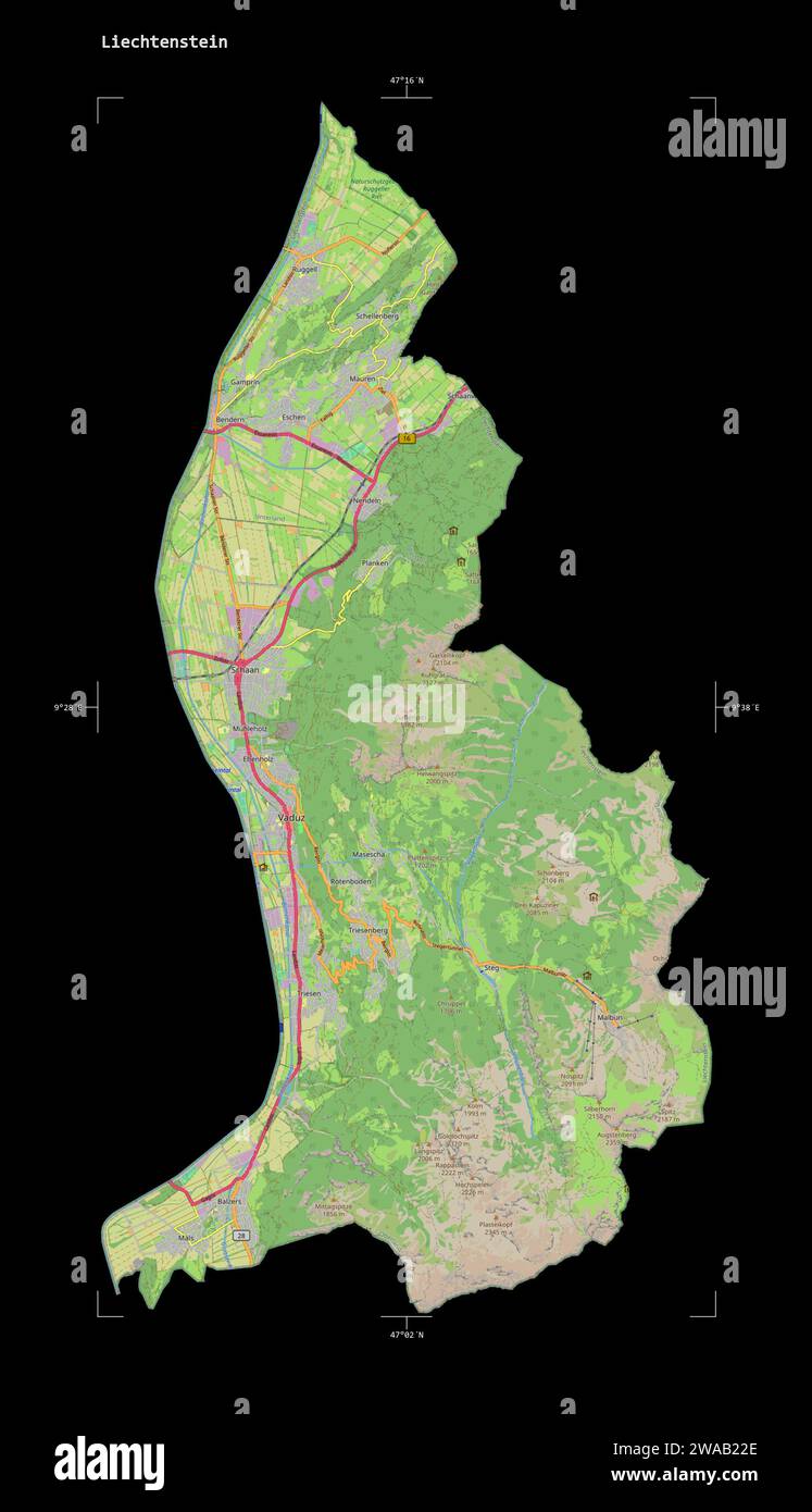Shape of a topographic, OSM Germany style map of the Liechtenstein, with distance scale and map ...