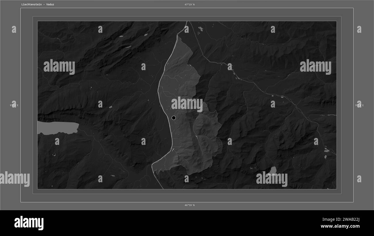 Liechtenstein highlighted on a Grayscale elevation map with lakes and rivers map with the ...