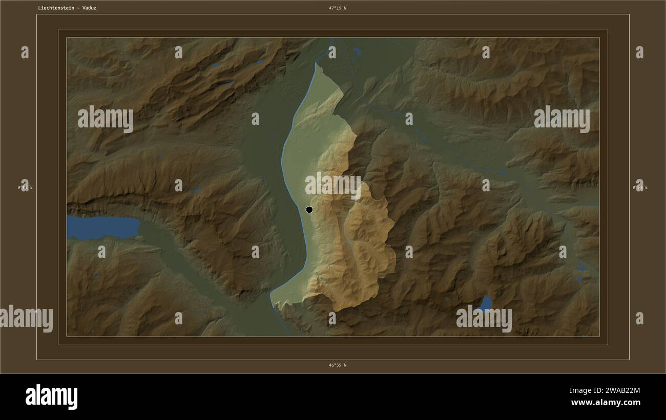Liechtenstein highlighted on a Colored elevation map with lakes and ...