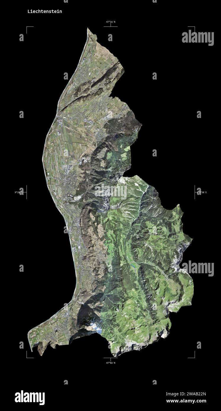 Shape of a low resolution satellite map of the Liechtenstein, with distance scale and map border ...