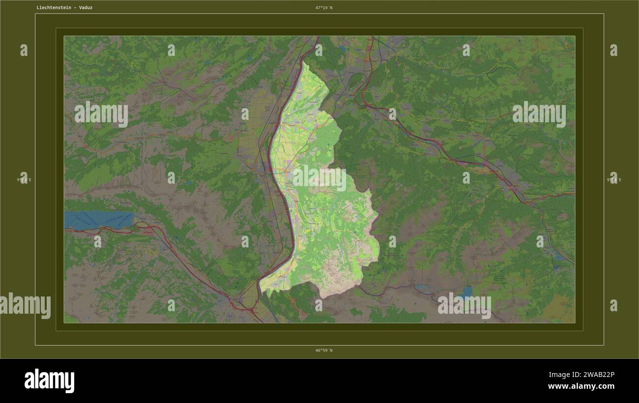 Liechtenstein highlighted on a topographic, OSM standard style map map with the country's ...