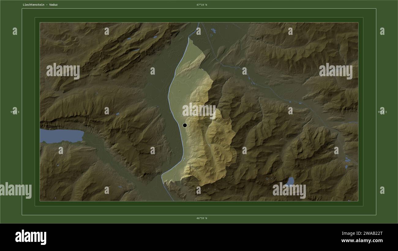 Liechtenstein highlighted on a Pale colored elevation map with lakes and rivers map with the ...