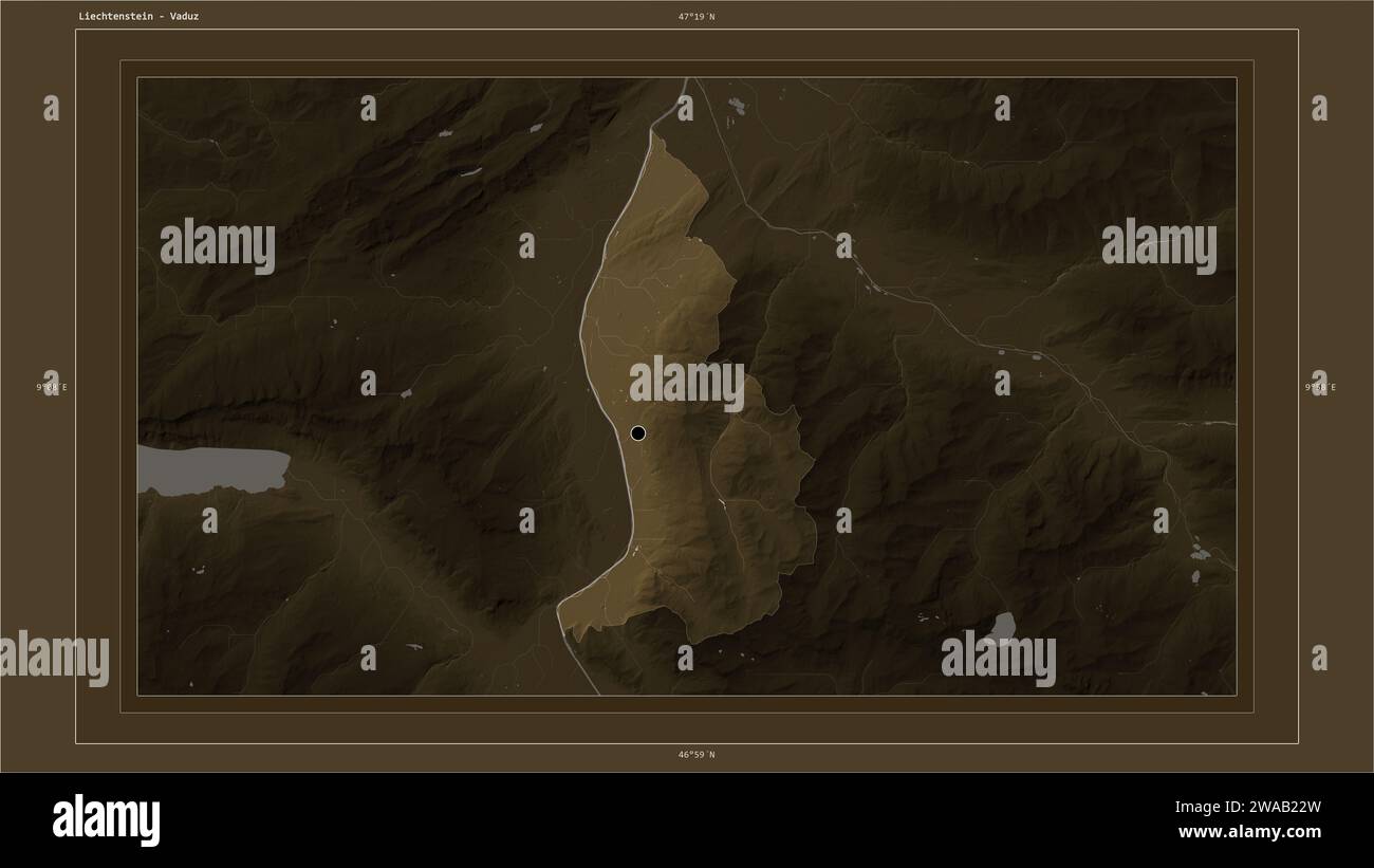 Liechtenstein highlighted on a elevation map colored in sepia tones ...