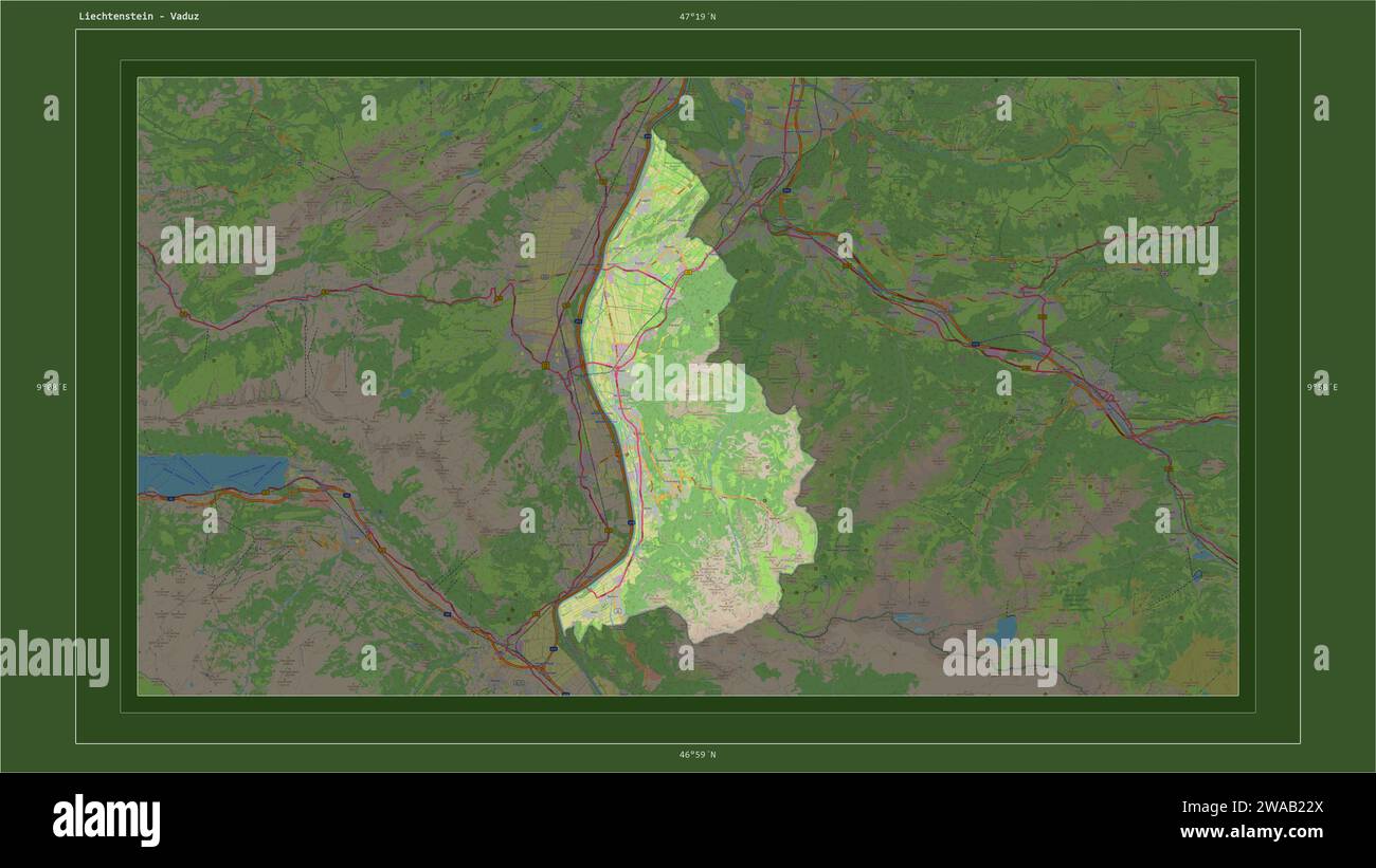 Liechtenstein highlighted on a topographic, OSM Germany style map map with the country's capital ...