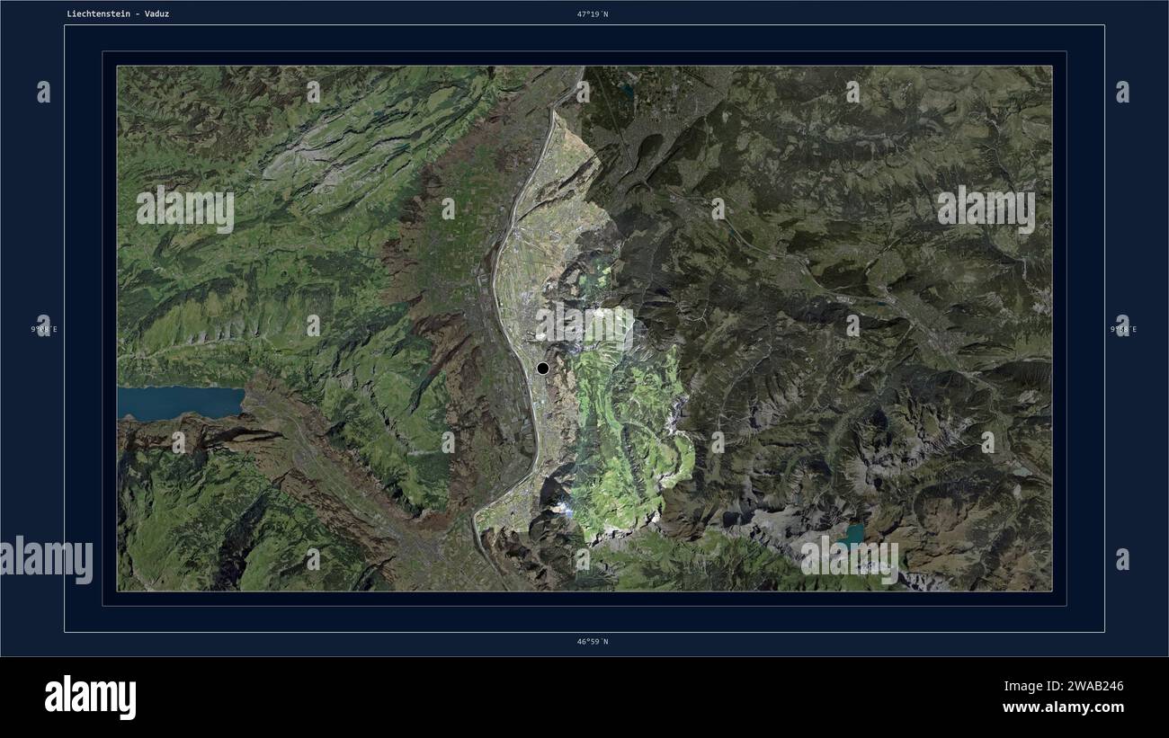 Liechtenstein highlighted on a low resolution satellite map map with the country's capital point ...