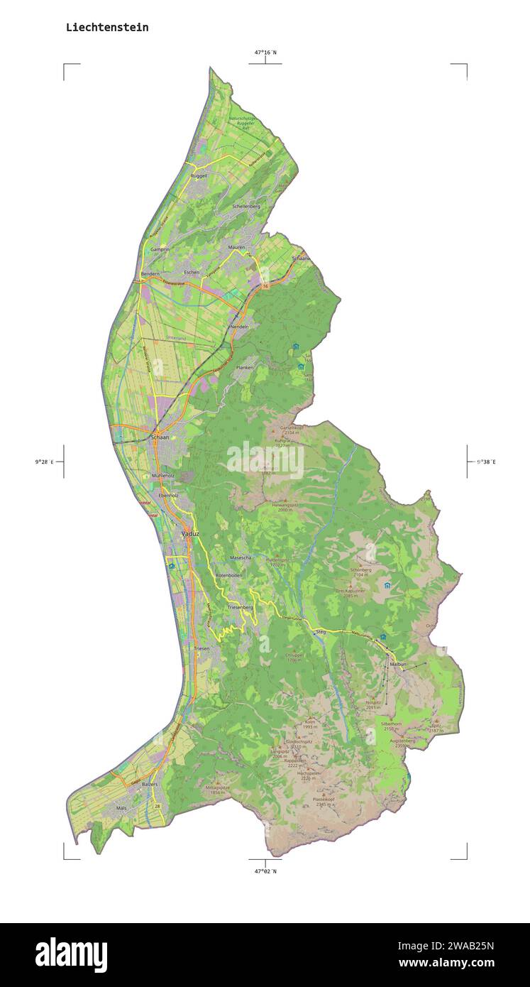 Shape of a topographic, OSM standard style map of the Liechtenstein, with distance scale and map ...