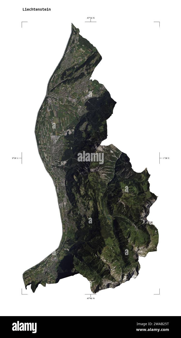 Shape of a high resolution satellite map of the Liechtenstein, with distance scale and map ...