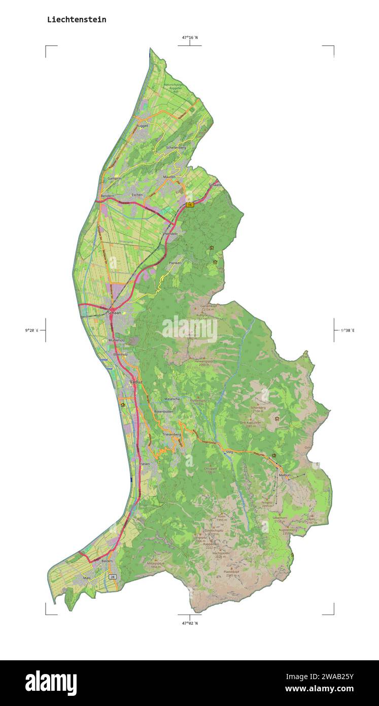 Shape of a topographic, OSM Germany style map of the Liechtenstein, with distance scale and map ...