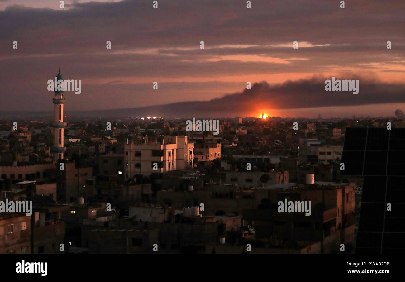 Rafah, Gaza. 02nd Jan, 2024. A fireball from an explosion erupts during ...