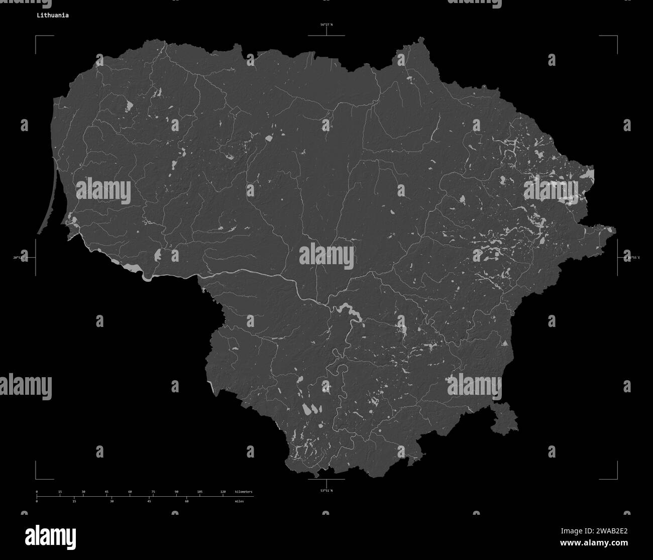 Shape of a Bilevel elevation map with lakes and rivers of the Lithuania, with distance scale and ...