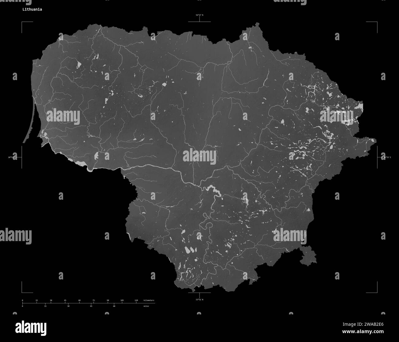 Shape of a Grayscale elevation map with lakes and rivers of the ...