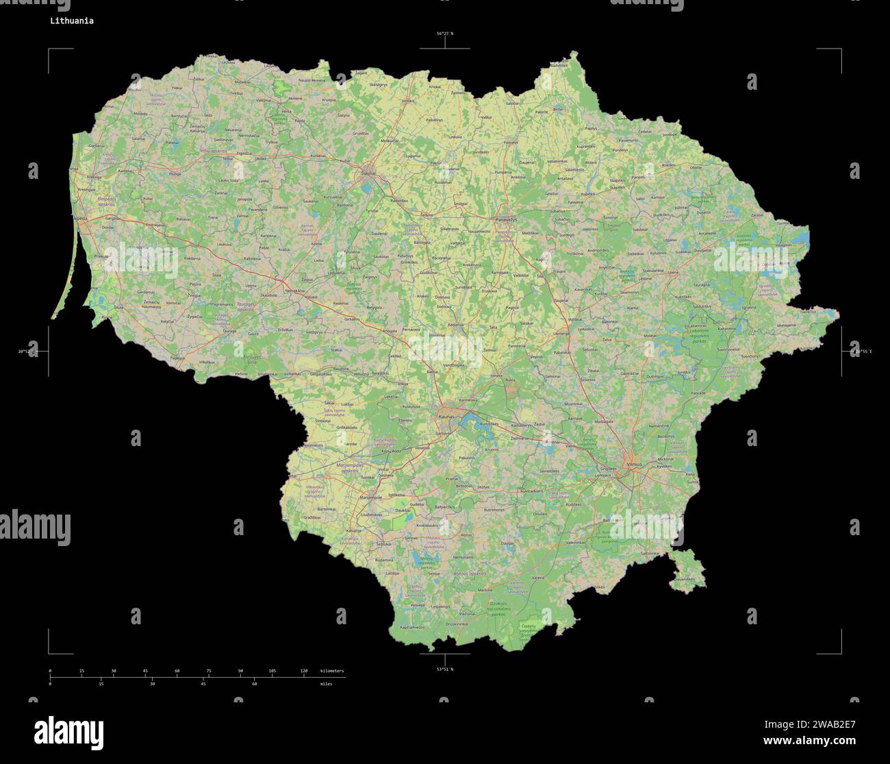 Shape of a topographic, OSM standard style map of the Lithuania, with distance scale and map ...