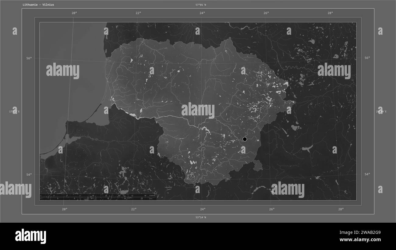 Lithuania highlighted on a Grayscale elevation map with lakes and ...