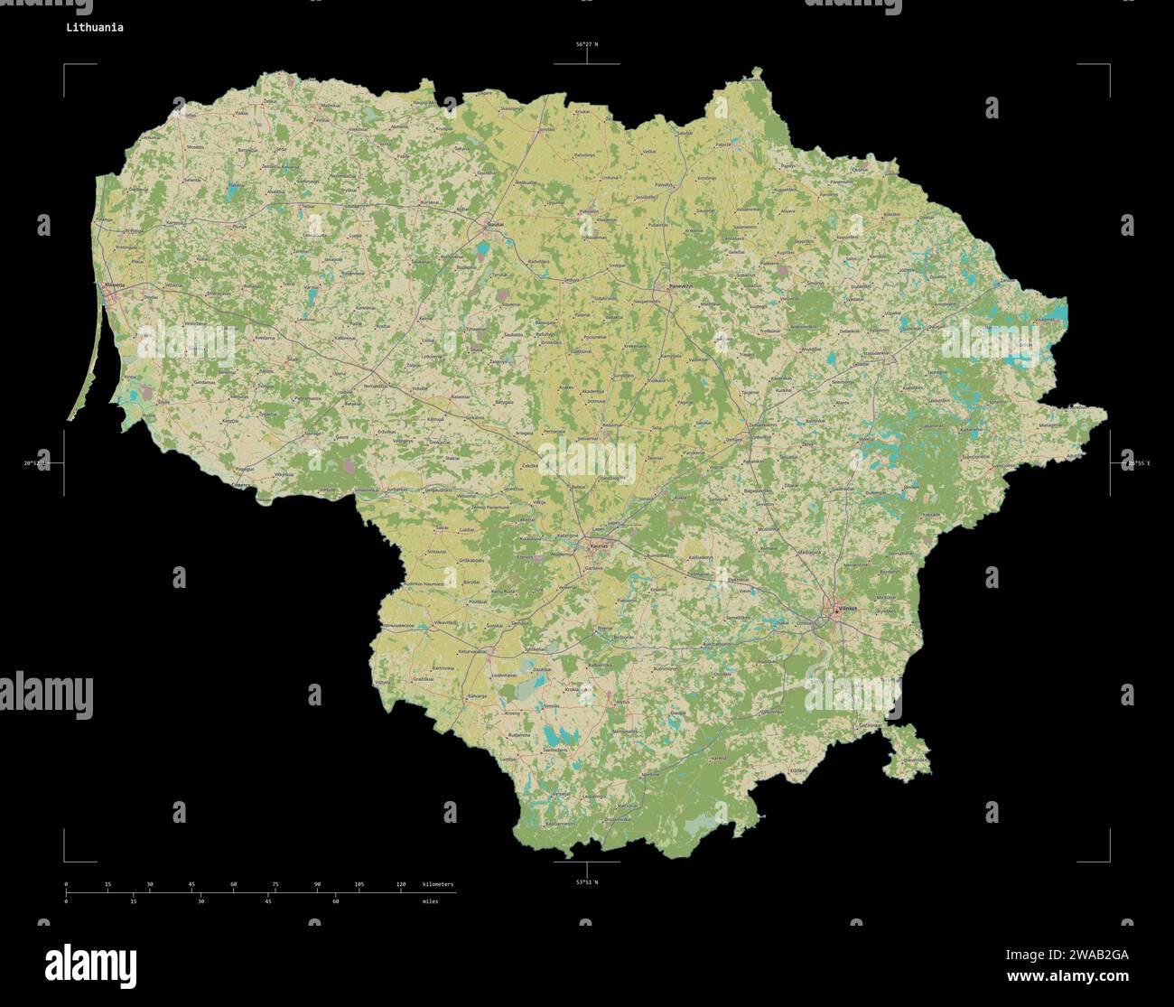 Shape of a topographic, OSM Humanitarian style map of the Lithuania ...