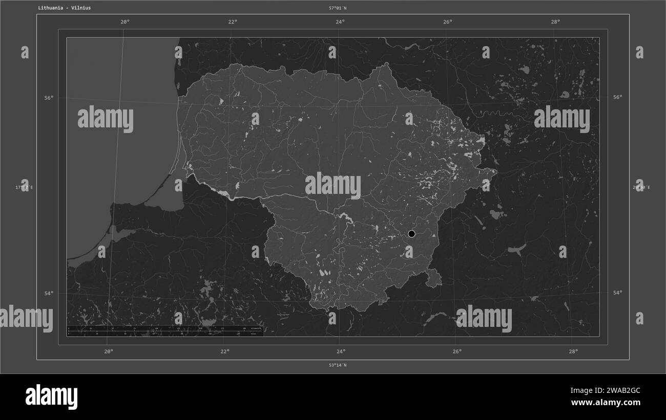 Lithuania highlighted on a Bilevel elevation map with lakes and rivers map with the country's ...