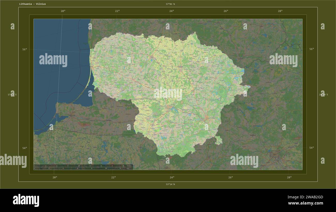 Lithuania highlighted on a topographic, OSM standard style map map with the country's capital ...