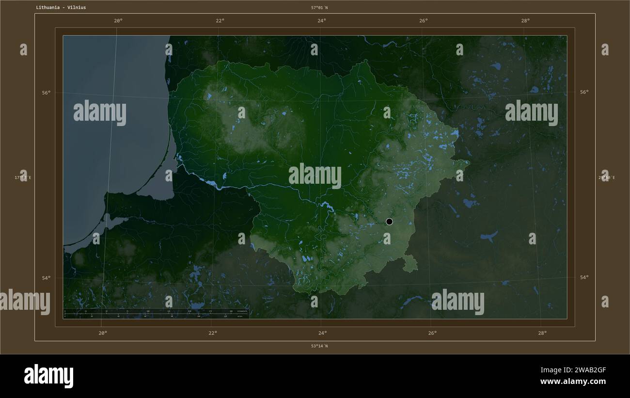 Lithuania highlighted on a Colored elevation map with lakes and rivers ...