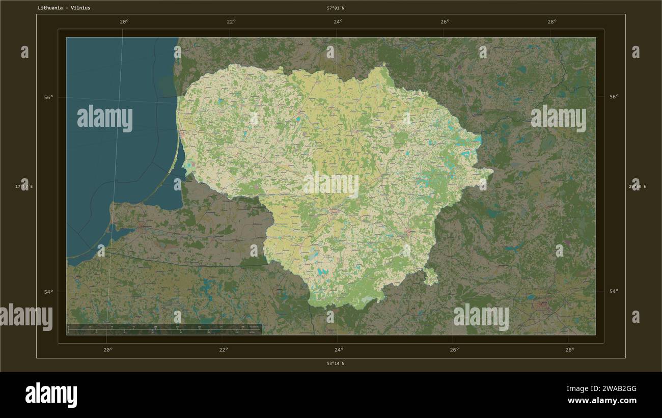 Lithuania highlighted on a topographic, OSM Humanitarian style map map ...