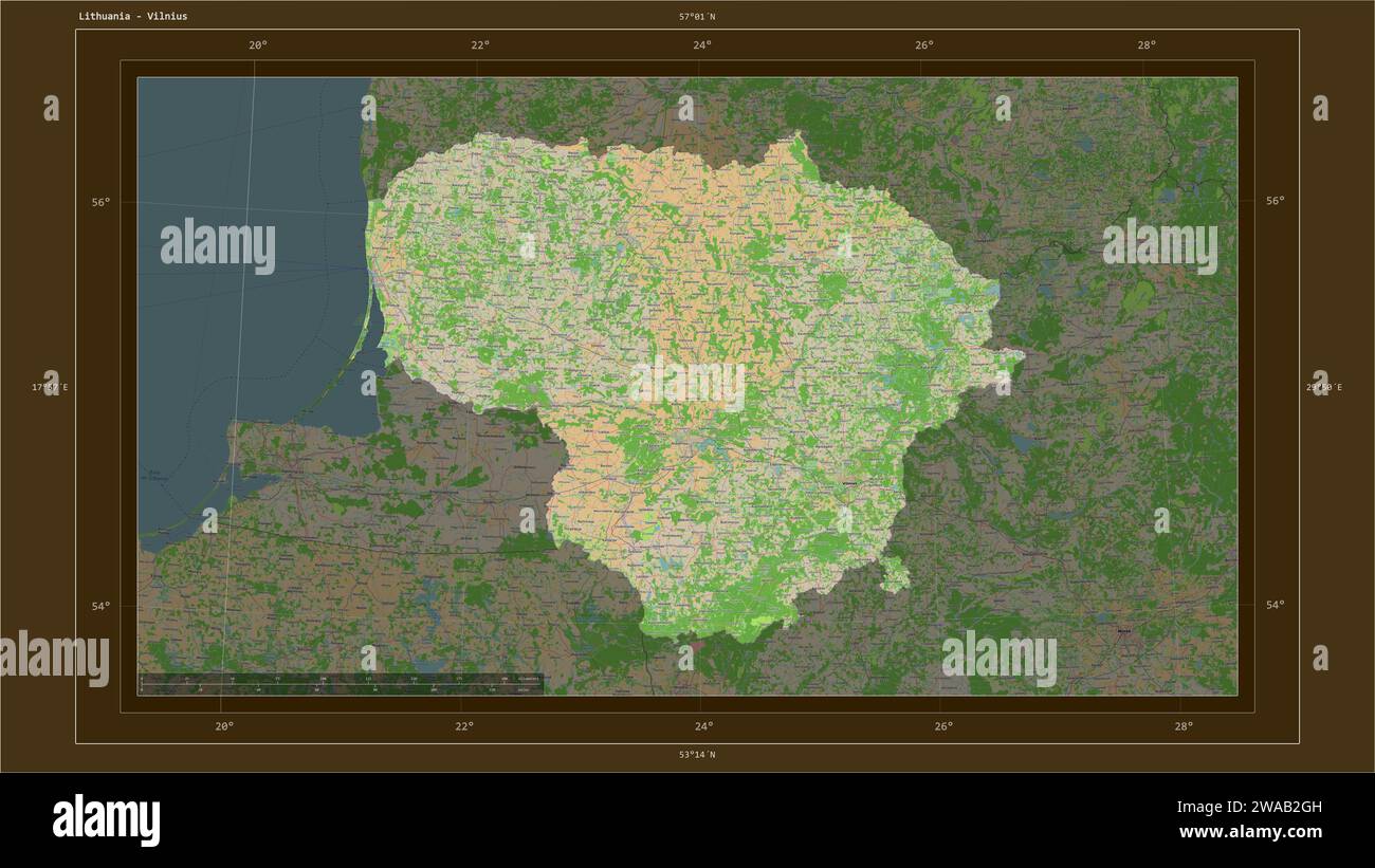 Lithuania highlighted on a topographic, OSM France style map map with ...