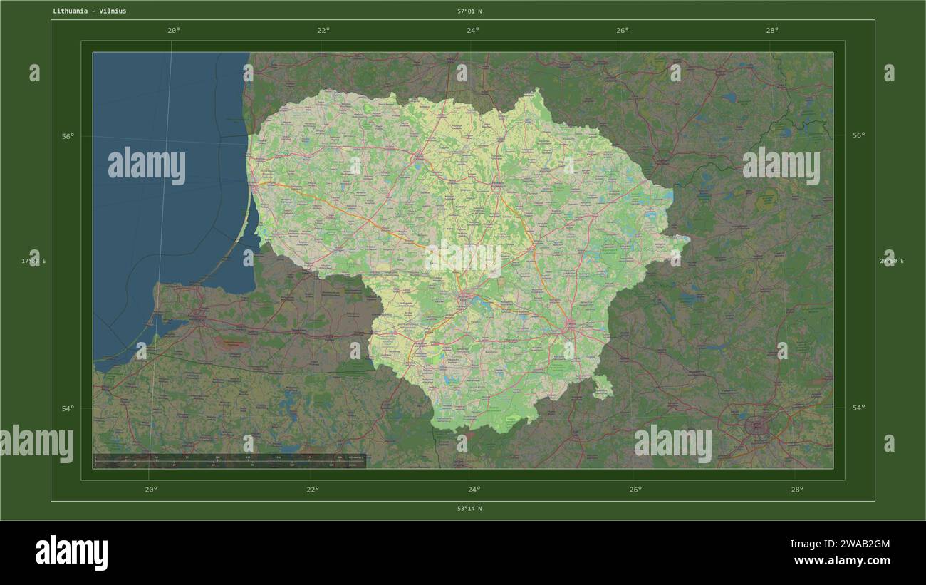 Lithuania highlighted on a topographic, OSM Germany style map map with ...