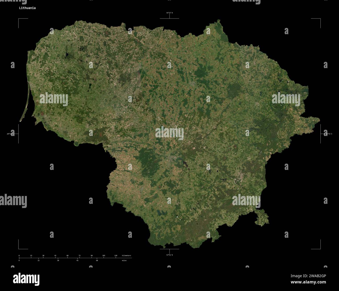 Shape of a low resolution satellite map of the Lithuania, with distance ...