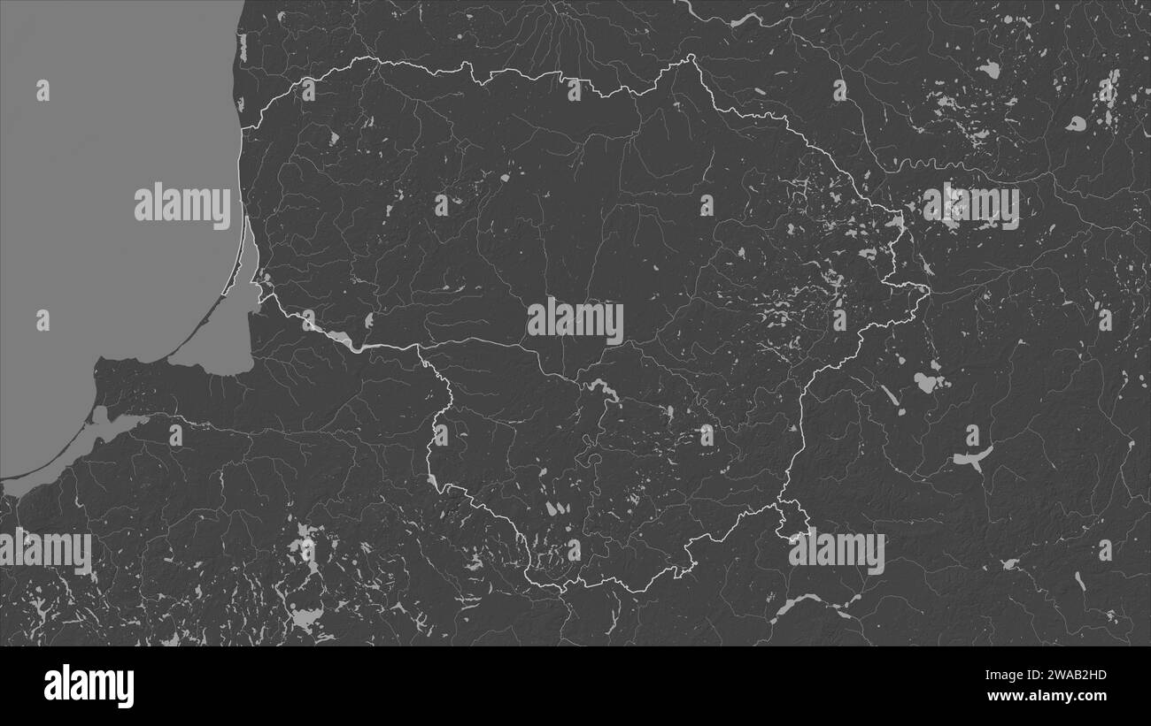 Lithuania outlined on a Bilevel elevation map with lakes and rivers ...