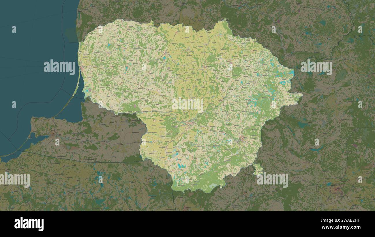 Lithuania highlighted on a topographic, OSM Humanitarian style map ...
