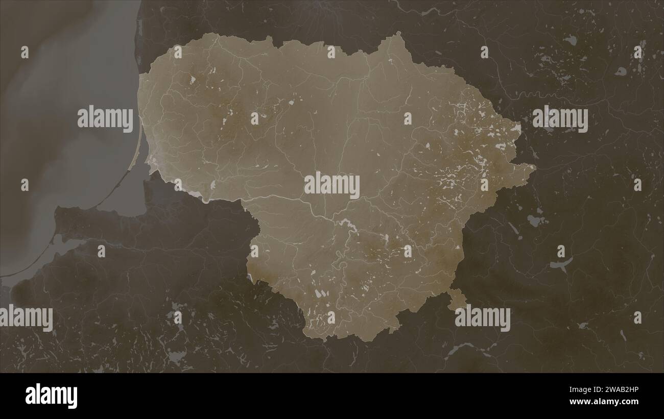 Lithuania highlighted on a elevation map colored in sepia tones with ...