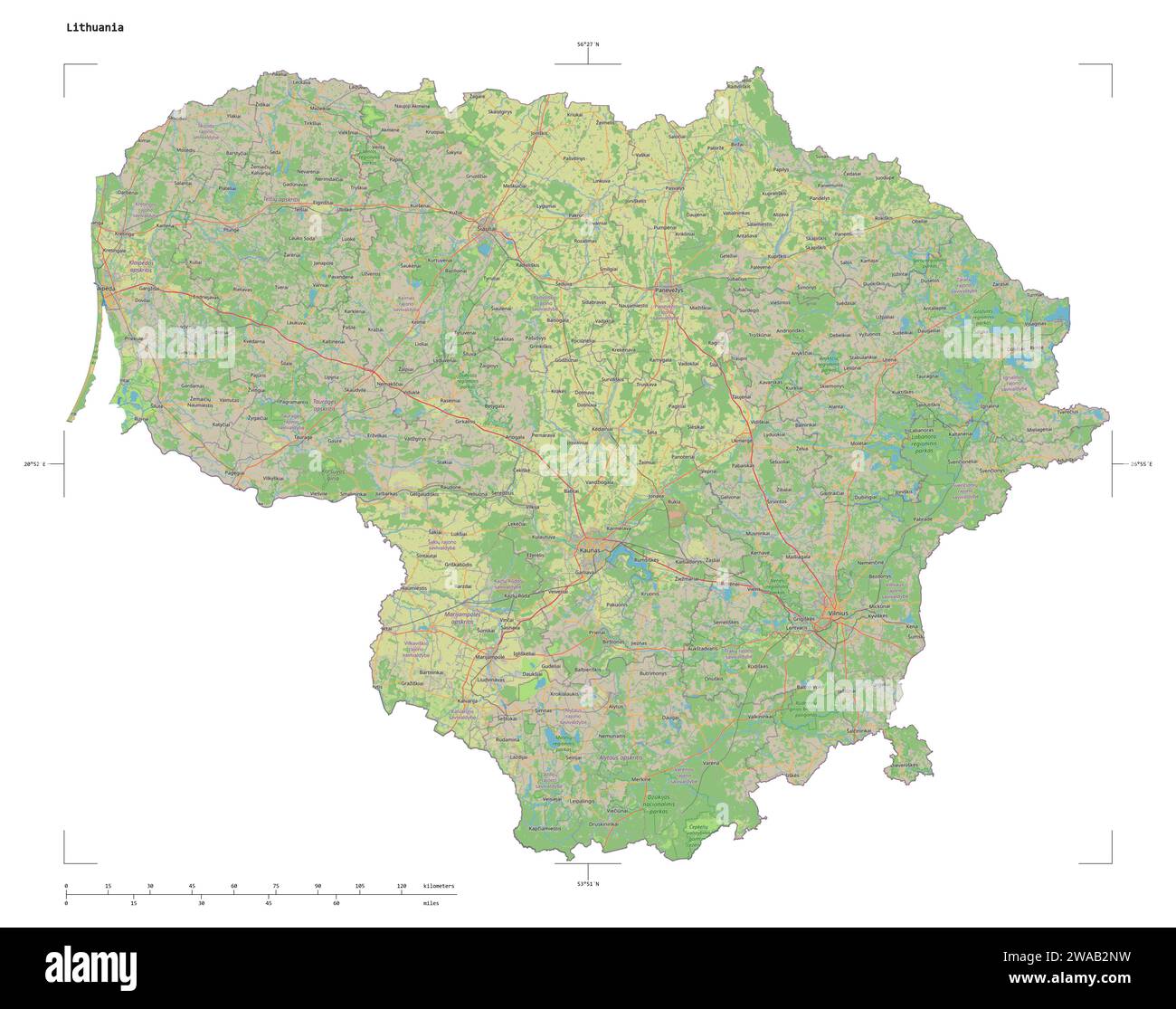 Shape of a topographic, OSM standard style map of the Lithuania, with distance scale and map ...