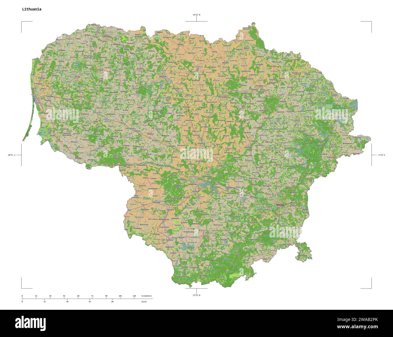 Shape of a topographic, OSM France style map of the Lithuania, with ...