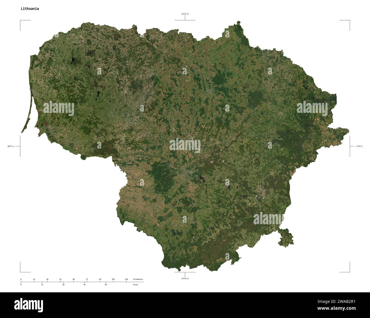 Shape of a low resolution satellite map of the Lithuania, with distance scale and map border ...