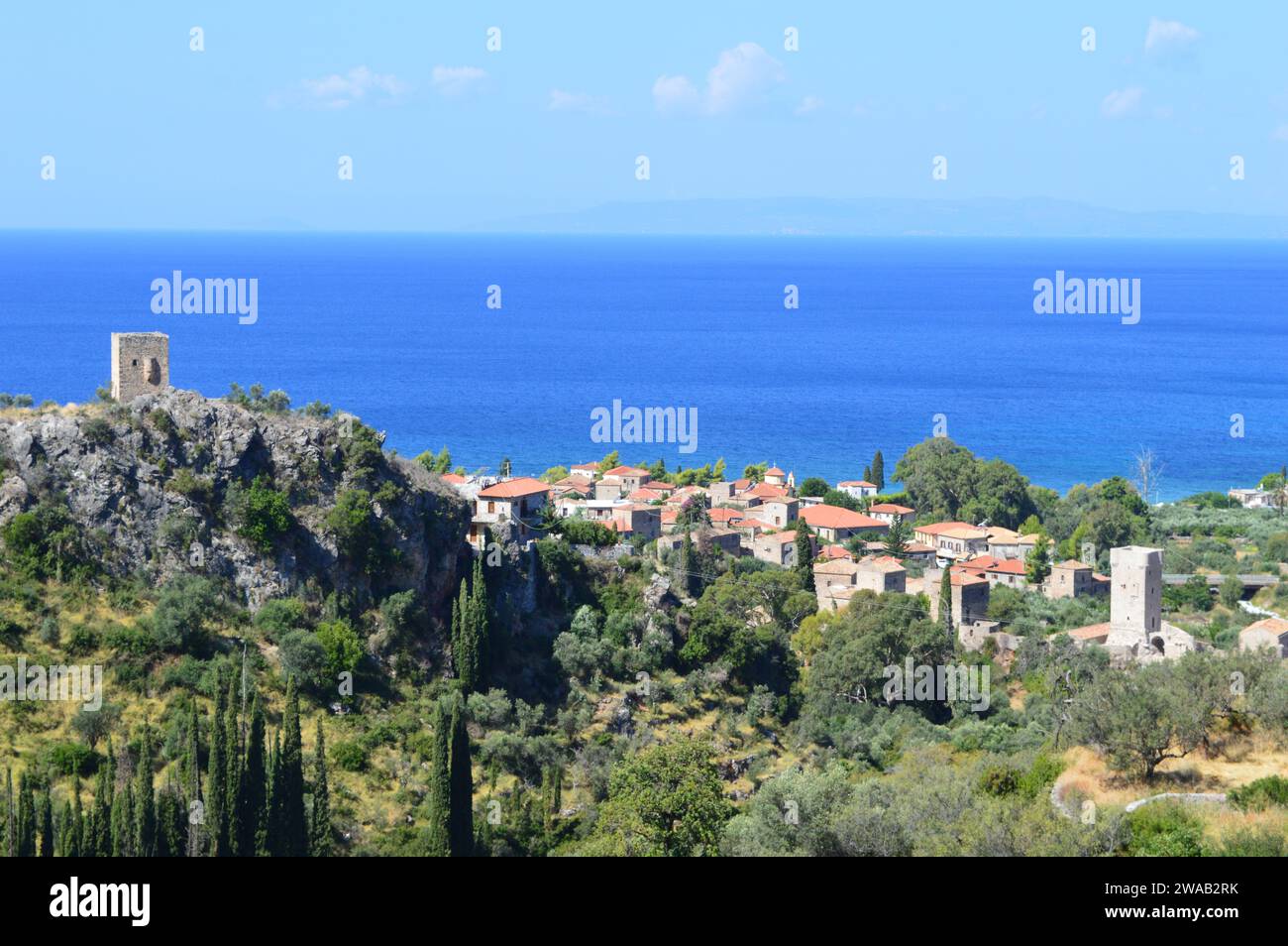 Panoramic view of the medieval village of Kardamili and the ...