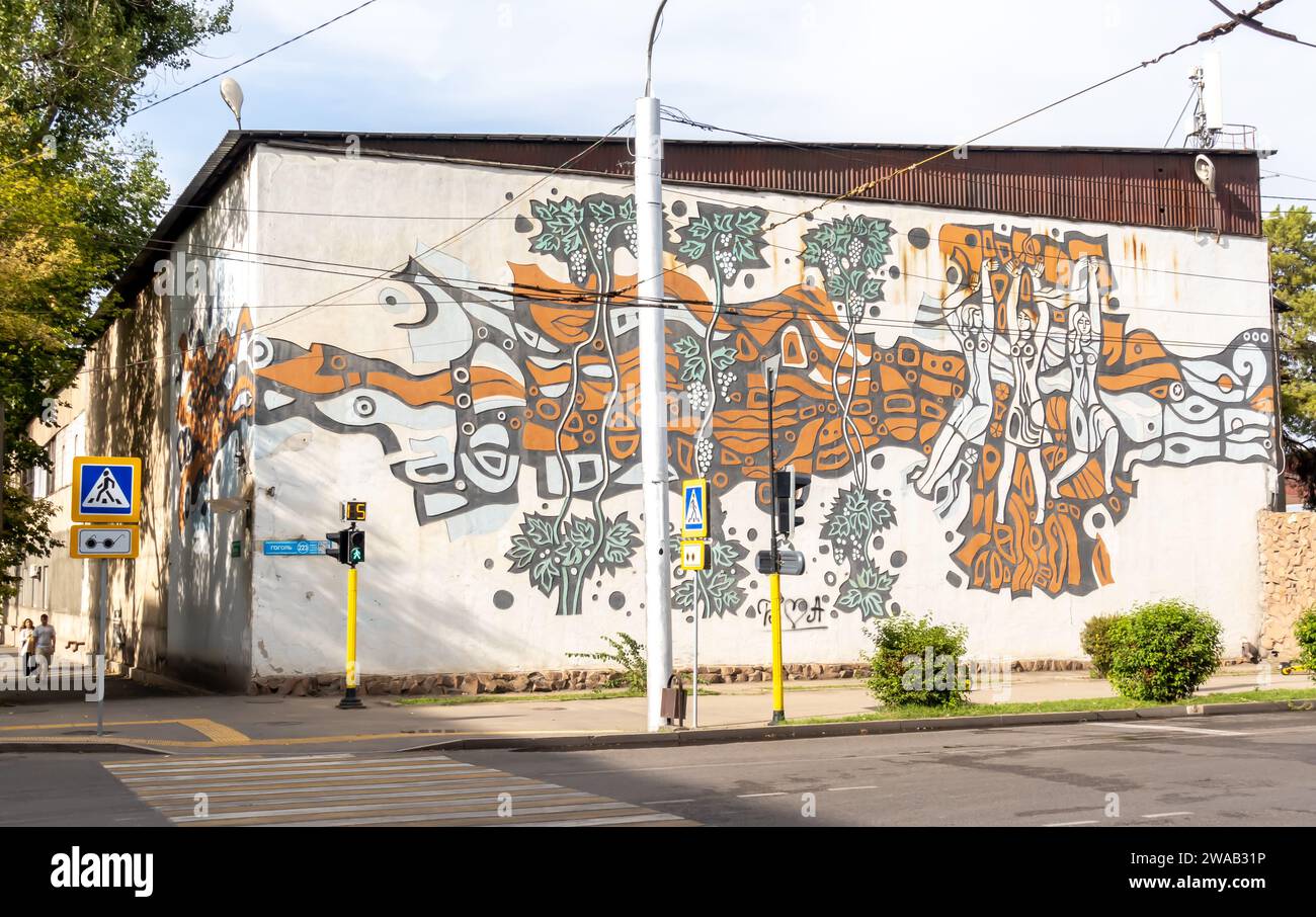 Sgraffiti mural by Simakov A. depicting Kazakh women, Almaty Kazakhstan ...
