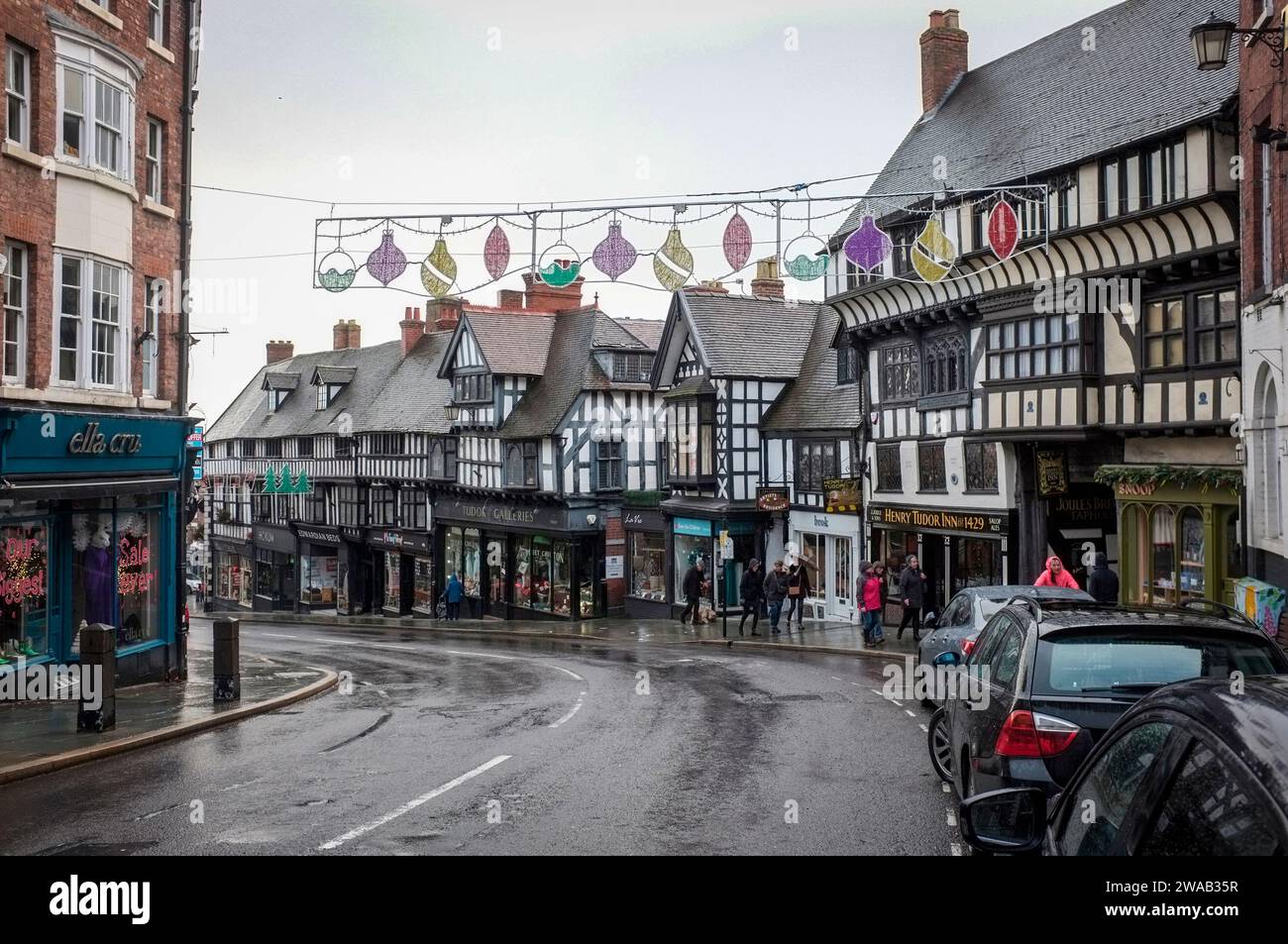 A row of Medieval and Post-Medieval Tudor timber framed buildings in ...