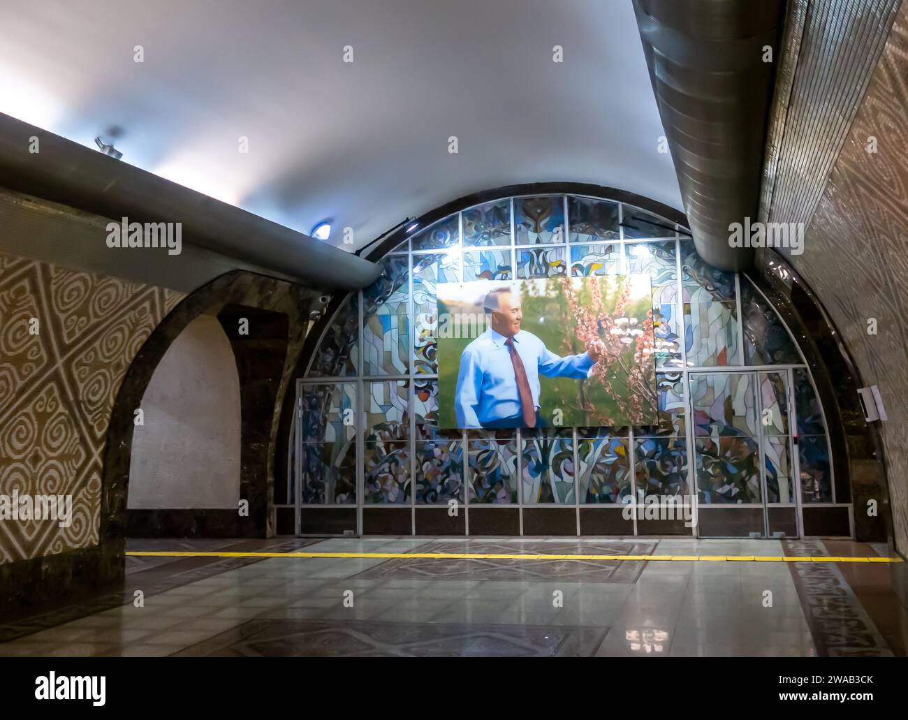 Stained glass artwork depicting president Nazarbaev, Metro station ...