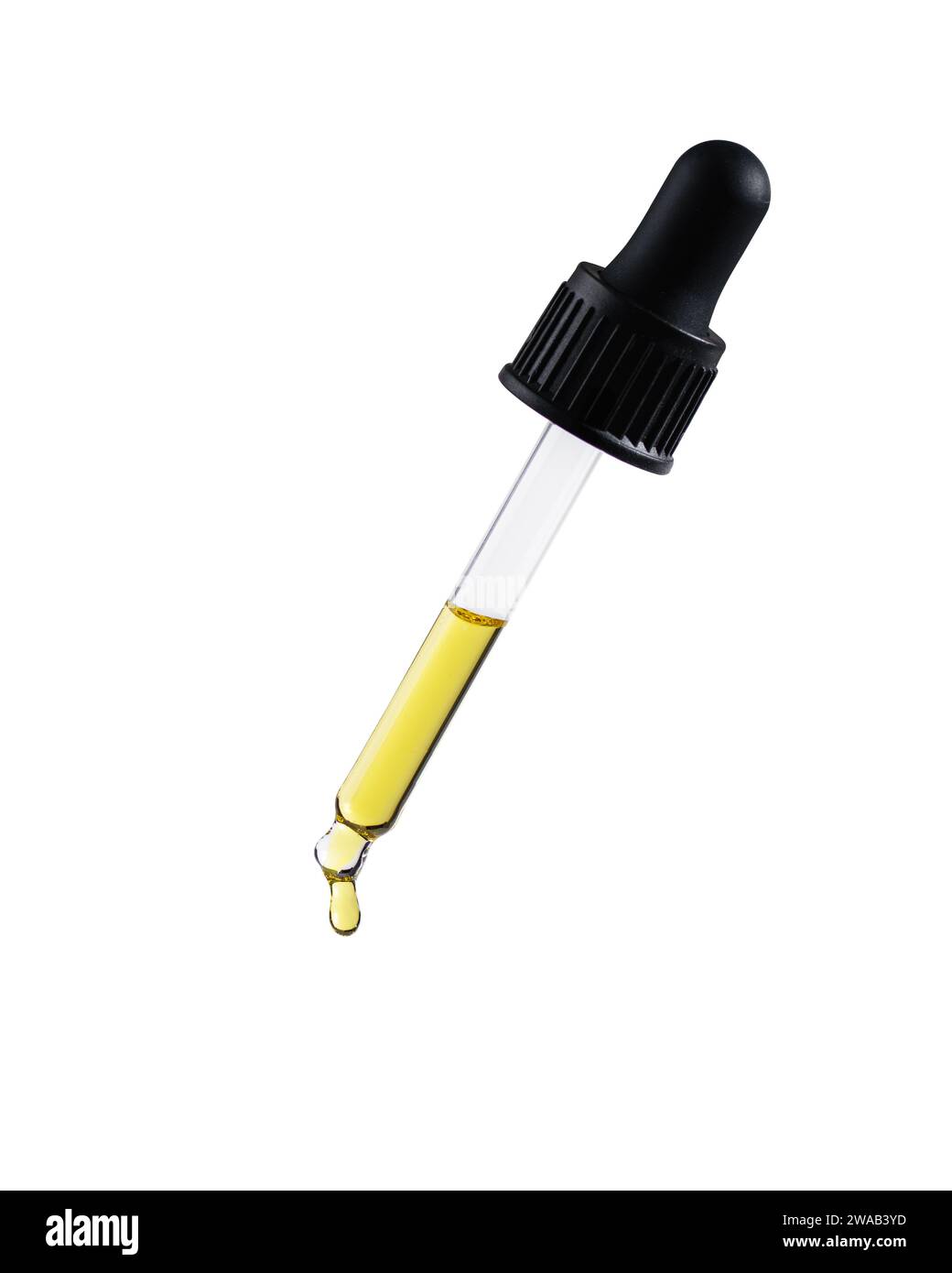 Dropper with cosmetic oil drop isolated on white background. Abstract ...