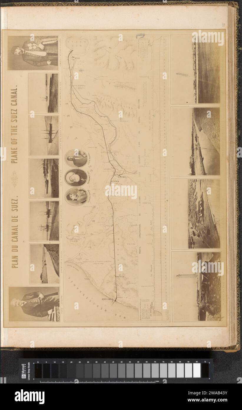 Photo production of a map with the route of the Suez Canal, photos of places along and of Ismael ...