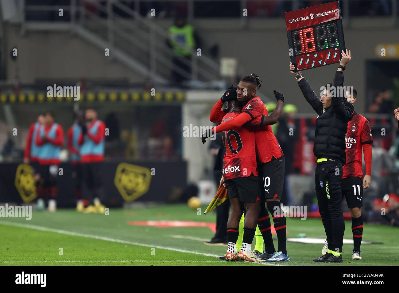 Milano, Italy. 02nd Jan, 2024. Rafael Leao of Ac Milan (R) embraces ...