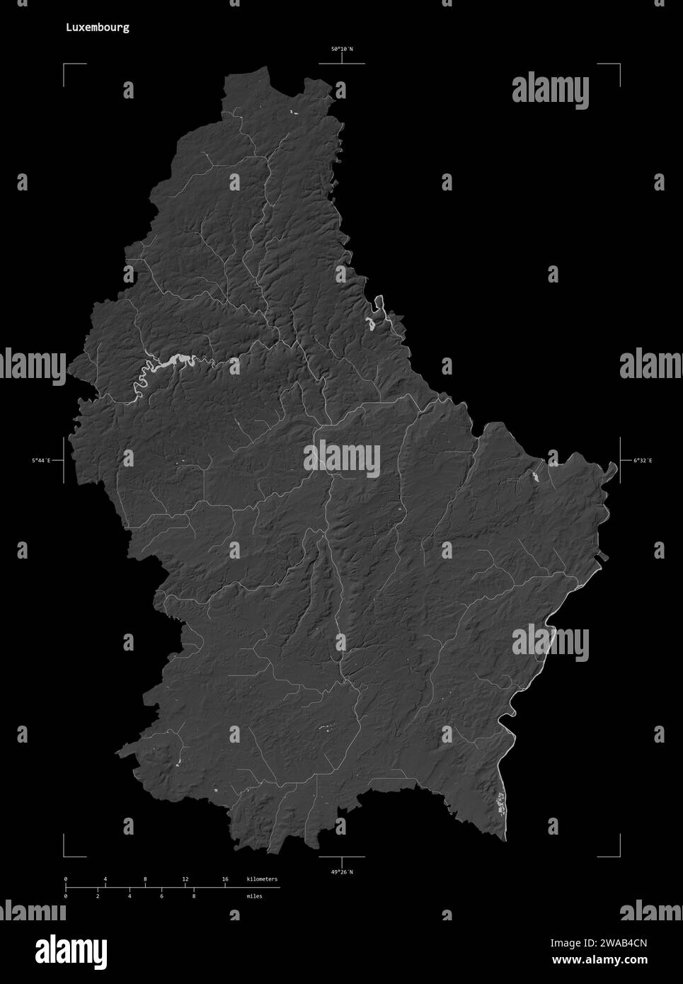 Shape of a Grayscale elevation map with lakes and rivers of the Luxembourg, with distance scale ...