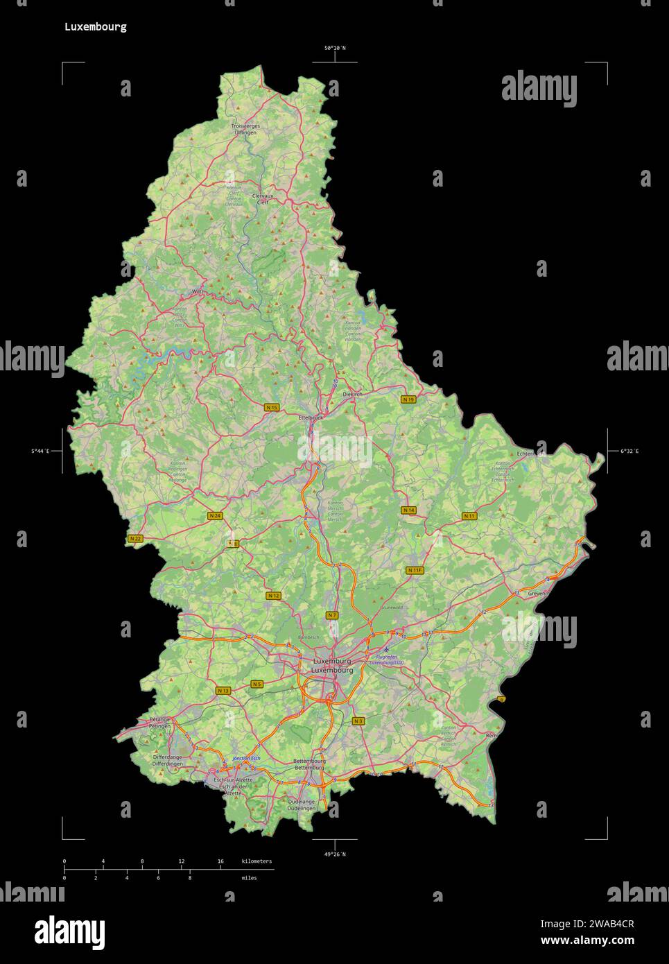 Shape of a topographic, OSM Germany style map of the Luxembourg, with distance scale and map ...