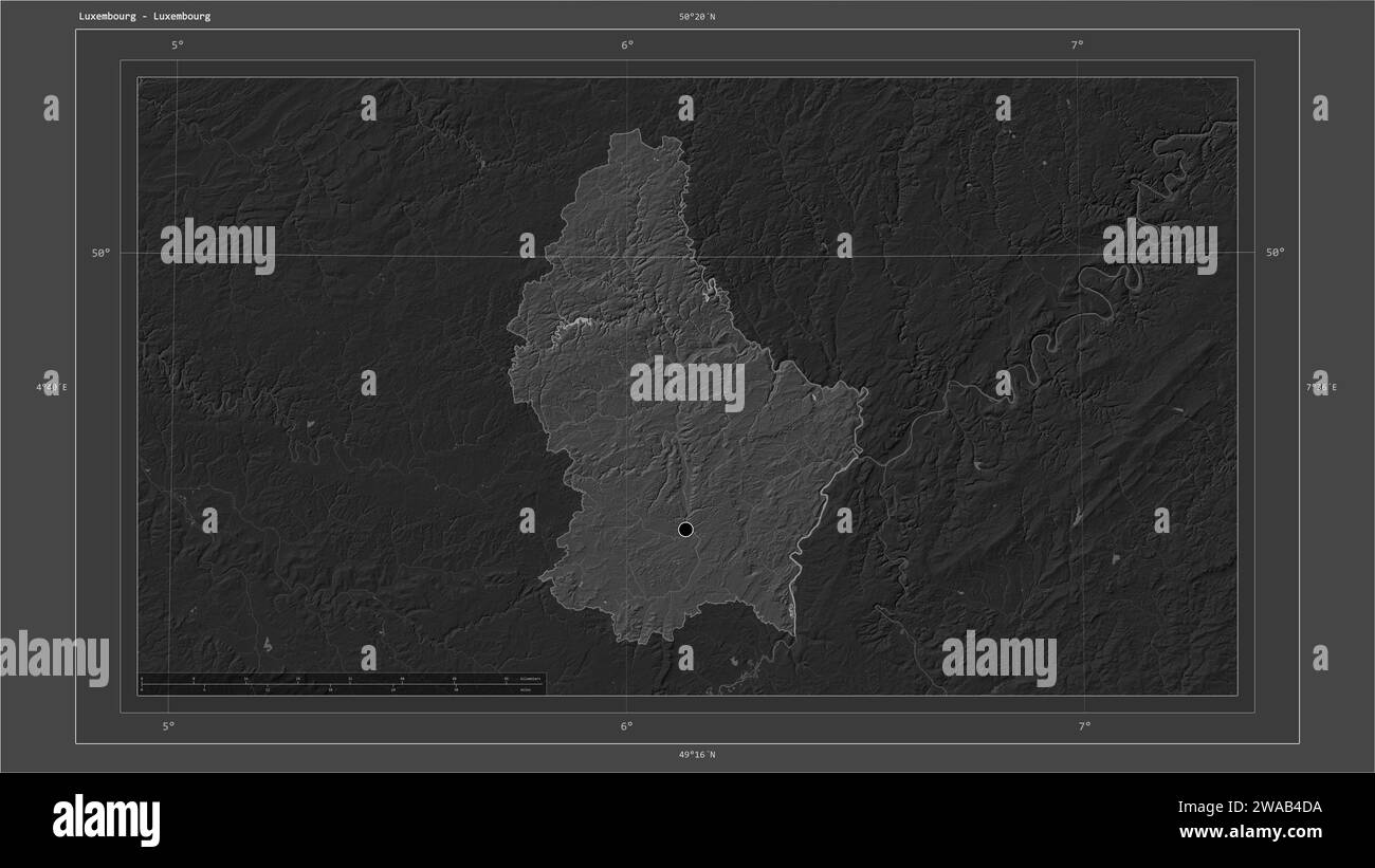 Luxembourg highlighted on a Bilevel elevation map with lakes and rivers ...