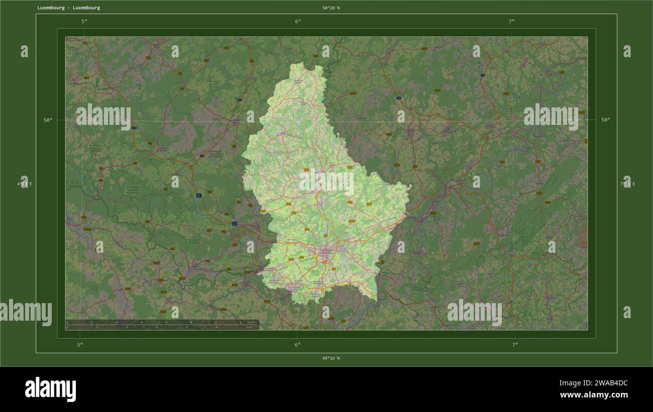 Luxembourg highlighted on a topographic, OSM Germany style map map with the country's capital ...
