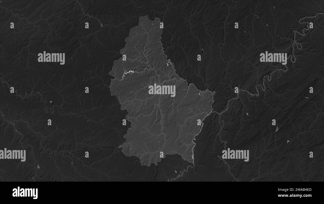 Luxembourg highlighted on a Grayscale elevation map with lakes and ...