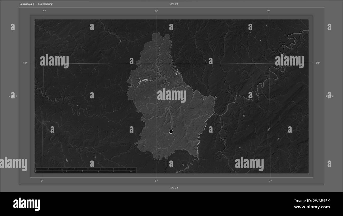 Luxembourg highlighted on a Grayscale elevation map with lakes and ...