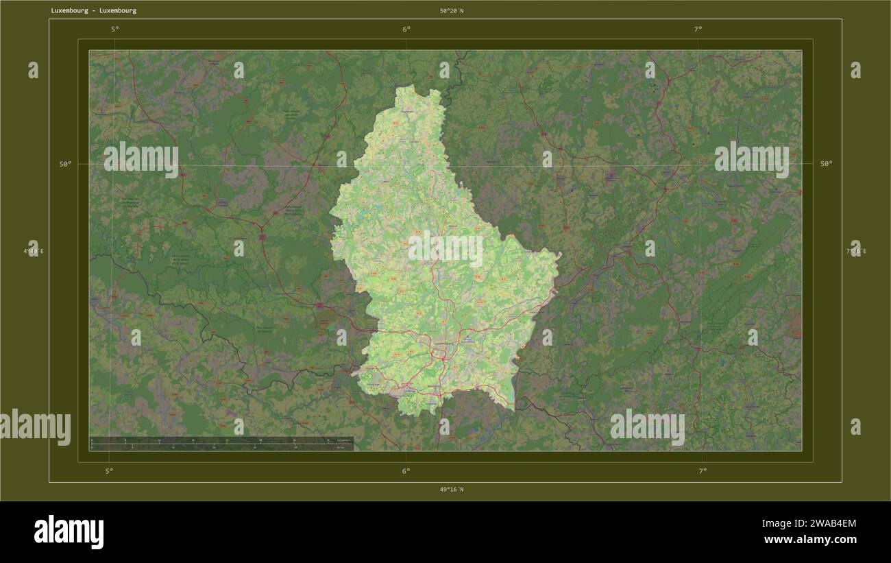 Luxembourg highlighted on a topographic, OSM standard style map map with the country's capital ...